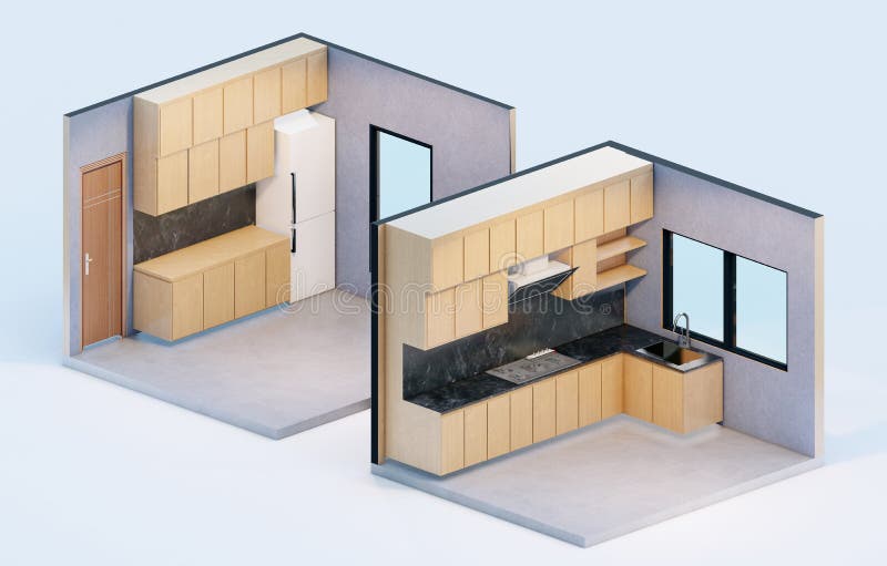 Kitchen Isometric View 3d Rendering Stock Illustration - Illustration ...