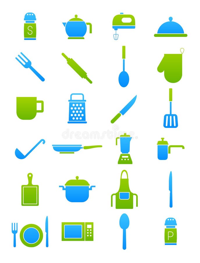 Kitchen Items Blue-green Icons Set Stock Illustration - Illustration of ...