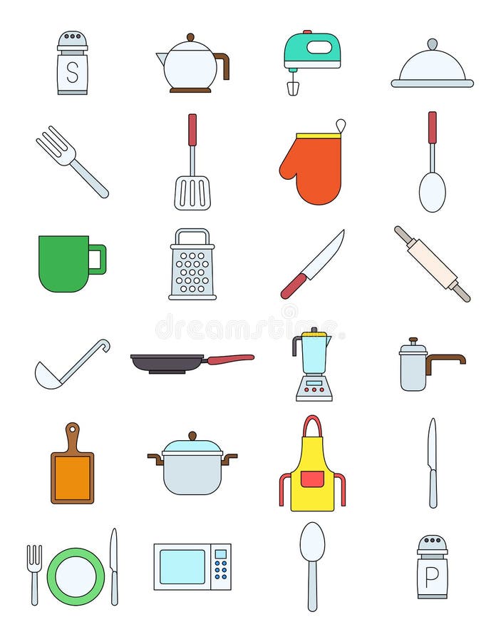 Kitchen Items Variegated Vector Icons Set Stock Vector - Illustration ...