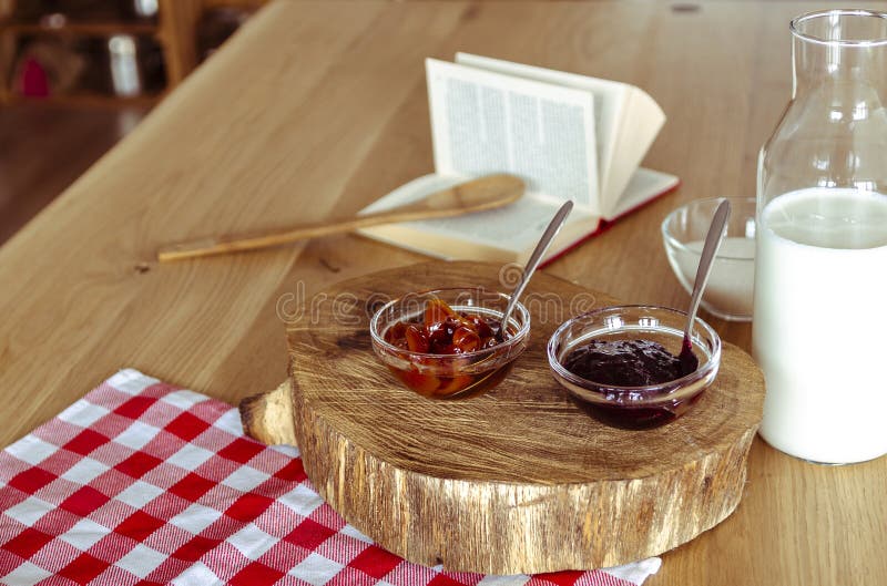 Kitchen. Jam in Glass Plates Stands on a Wooden Stand on the Kitchen ...