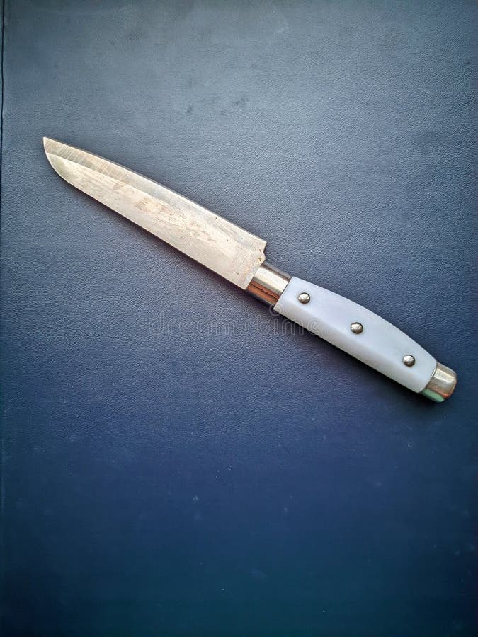 A Kitchen Knife with a White Plastic Handle, with a Blue Background ...