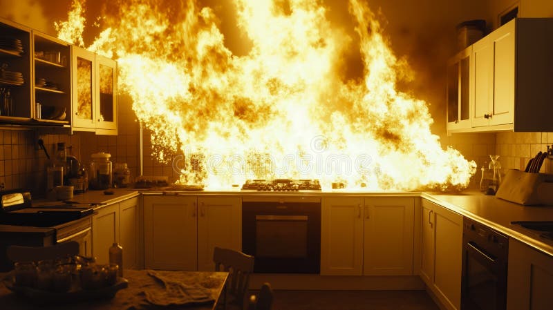 A Kitchen with a Large Fire Coming Out of the Oven Stock Photo - Image ...