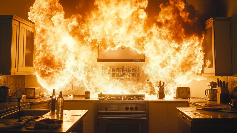 A Kitchen with a Large Fire Coming Out of the Oven Stock Image - Image ...