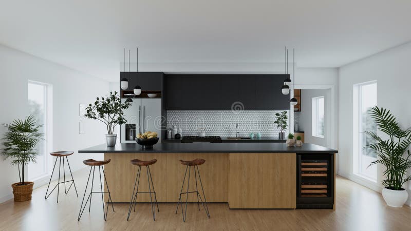 Kitchen Interior with Large Refrigerator and Plants. 3d Visualization ...