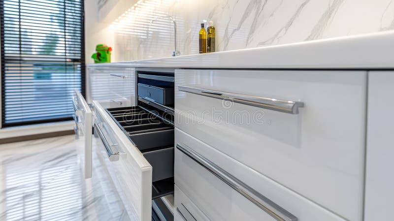 A Kitchen with a Large Open Drawer and White Cabinets, AI Stock Photo ...
