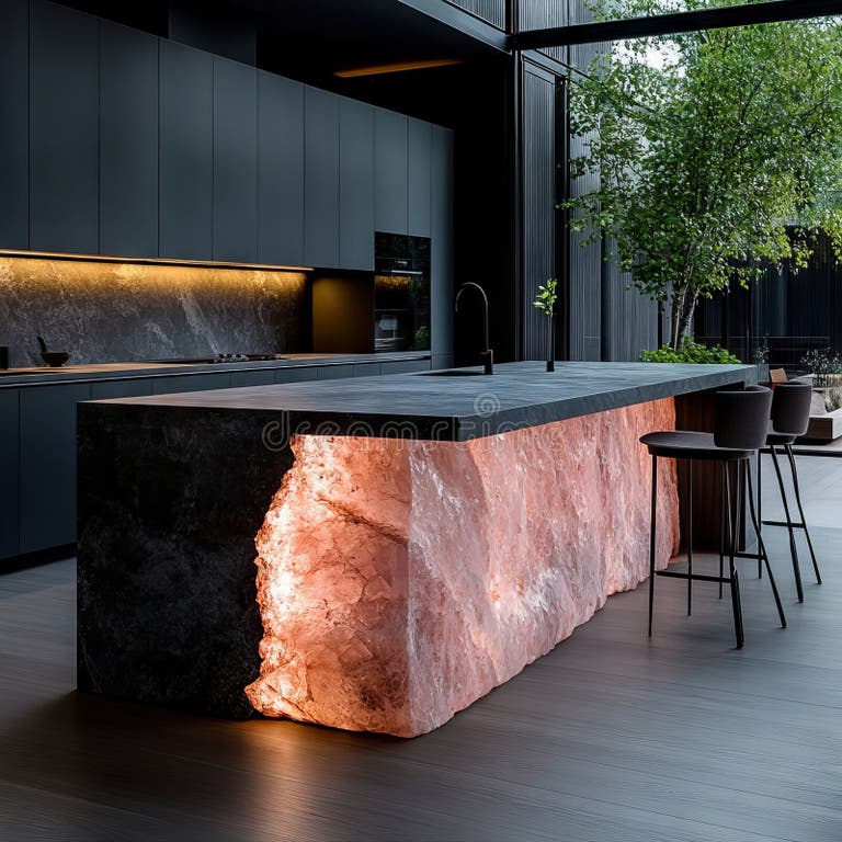 A Kitchen with a Large Rock Counter Top in the Middle of it Stock Photo ...