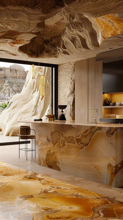 A Kitchen with a Large Stone Counter Top Stock Image - Image of modern ...