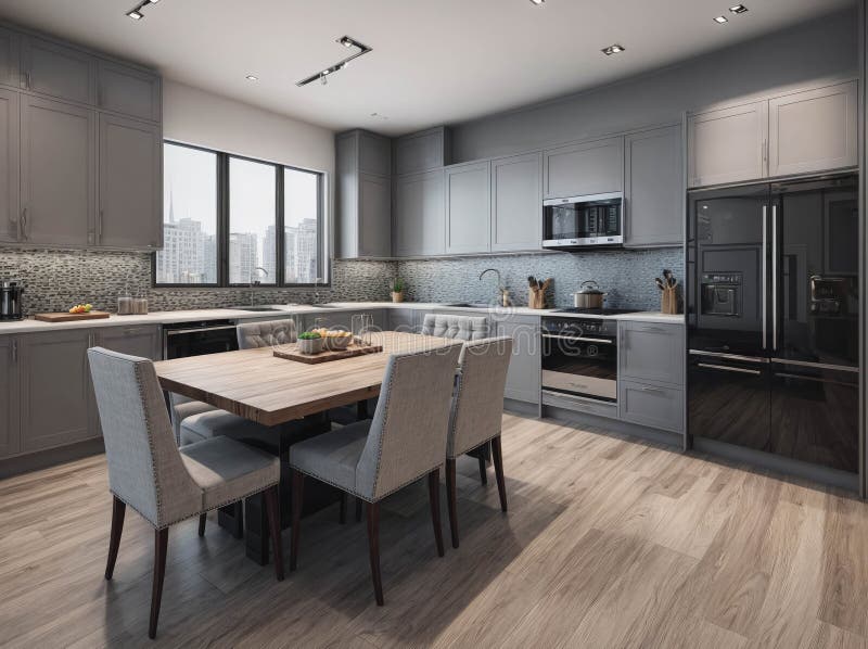 A Kitchen with a Large Table and Chairs, and a Black Refrigerator Stock ...