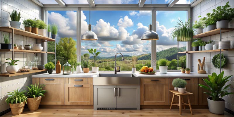 Kitchen with Large Window Overlooking Lush Mountain Landscape, Modern ...