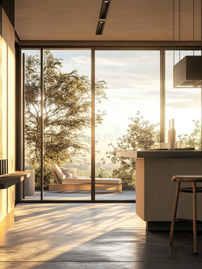 Kitchen with a Large Window Overlooking a Tree and a Hill Stock Photo ...