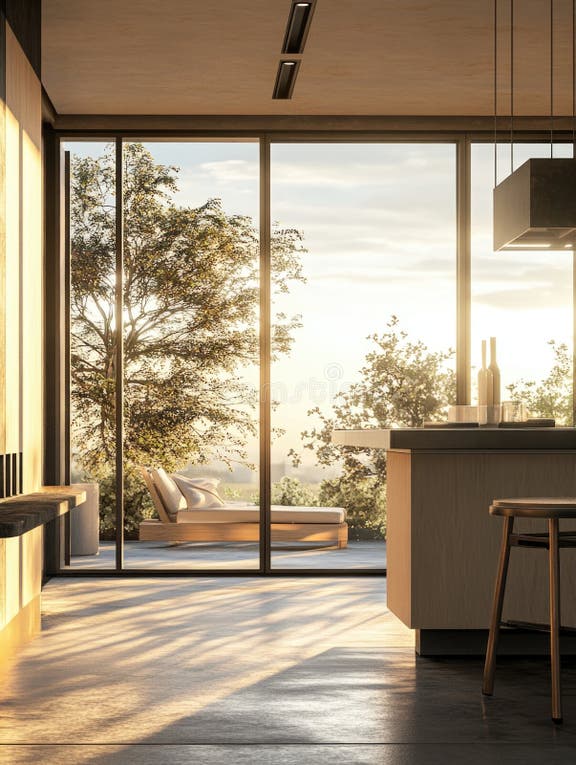 Kitchen with a Large Window Overlooking a Tree and a Hill Stock Photo ...