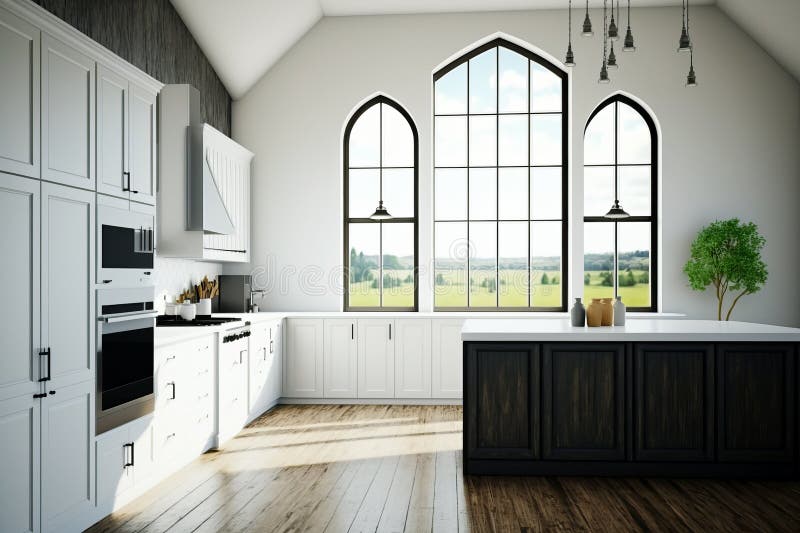 Kitchen with Large Window and Wooden Floor in Front of it. Generative ...