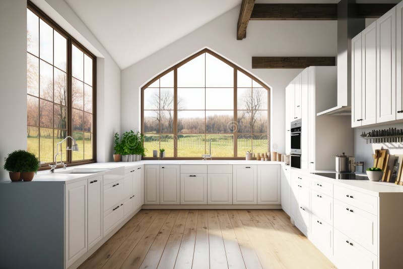 Kitchen with Large Window and Wooden Floor in Front of it. Generative ...