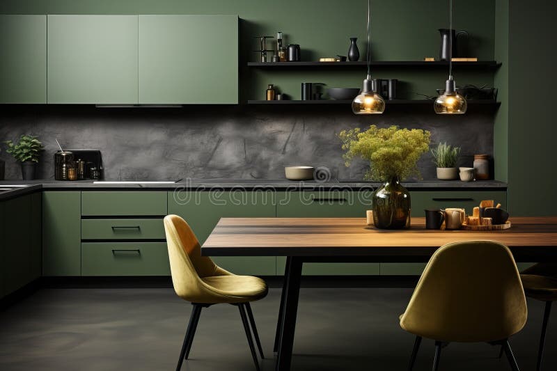 Kitchen-living Room or Studio Kitchen in Olive Color, a Popular Kitchen ...