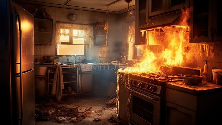 Kitchen with a Lot of Fire in the Middle of it and a Stovetop on Fire ...