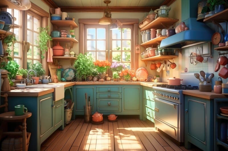 A Kitchen with Lots of Pots and Pans on the Shelves, AI Stock Photo - Image of domestic, food ...