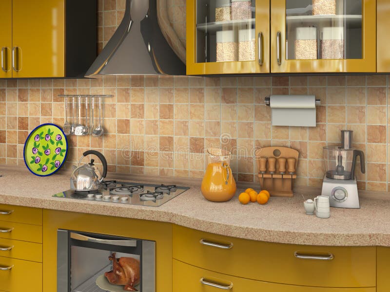 Kitchen with many things. stock illustration. Illustration of render ...