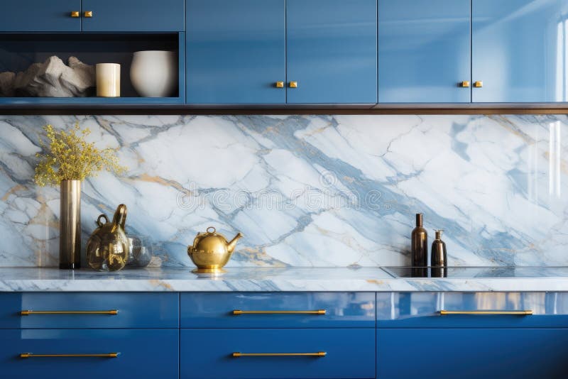 Kitchen Marble Background. Luxury Kitchen Unit Elegant Blue and White ...
