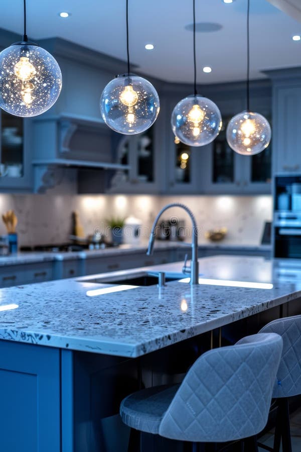 A Kitchen with a Marble Counter Top and Three Light Fixtures, AI Stock ...