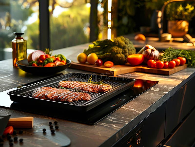 A Kitchen with Meat and Vegetables on the Counter Stock Image - Image ...
