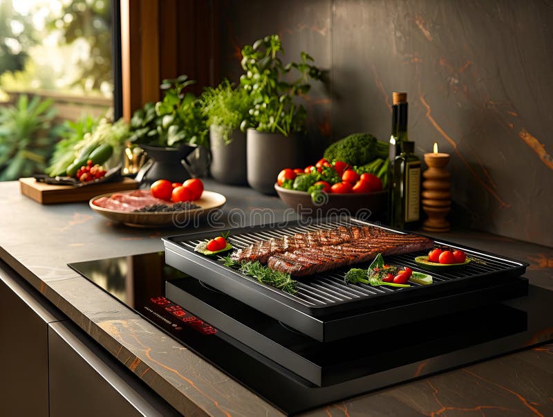 A Kitchen with Meat and Vegetables on the Stove Stock Image - Image of ...