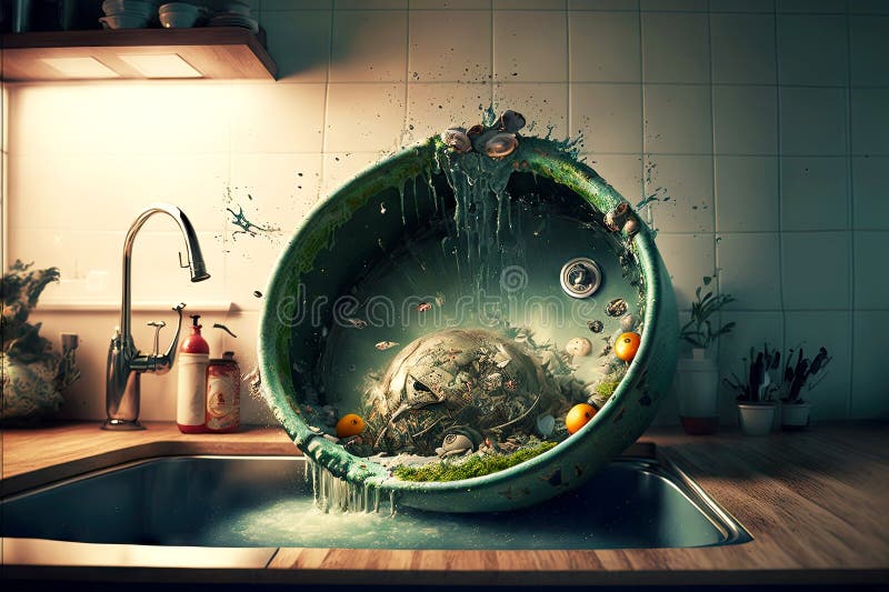 Kitchen Mess from Clogged Sink Filled with Dirty Water and Huge Bowl ...