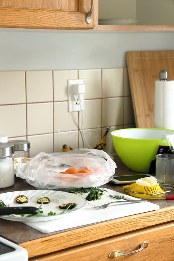 Kitchen Mess with Dirty Utensils and Food Stock Photo - Image of indoor ...