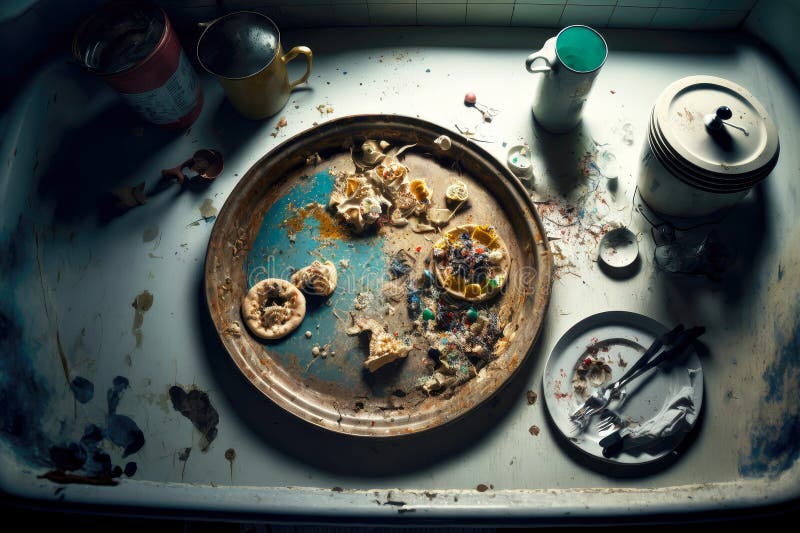 Kitchen Mess at Small Corner Sink with Large Dirty Plates and Leftover ...