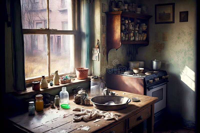 Kitchen Mess on Table and by Window in Small Old Dirty Kitchen Stock ...
