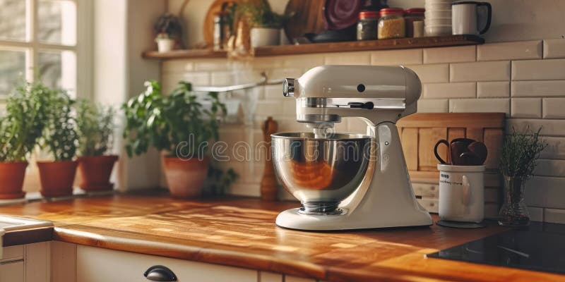 A Kitchen Mixer with a Wooden Top is Sitting on Top of a Wooden Counter ...