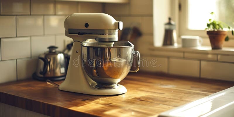 A Kitchen Mixer with a Wooden Top is Sitting on Top of a Wooden Counter ...
