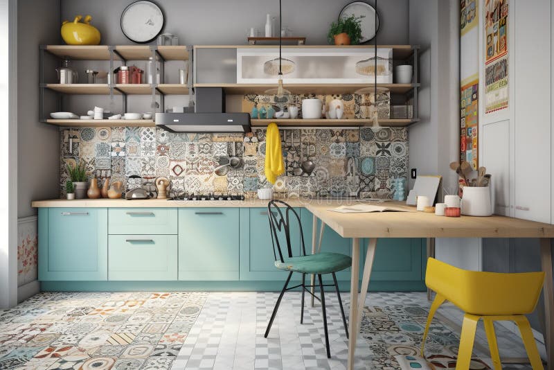 Kitchen Mock Up Design with Patchwork Details, Concept of Decorative ...
