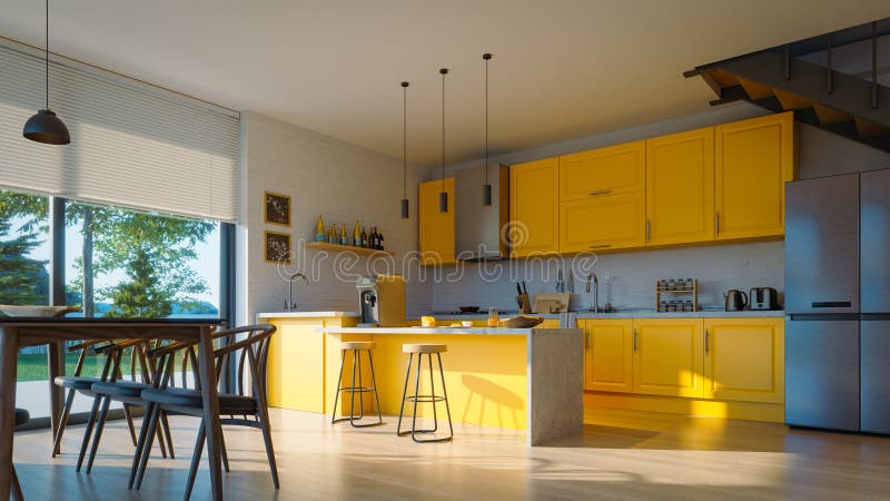 Kitchen Modern Interiors with Intense Yellow Kitchen Furniture, 3d ...