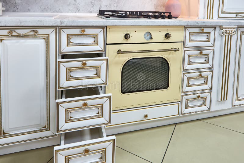 Kitchen in Modern Vintage and Rustic Style with Open Drawers, Oven and ...