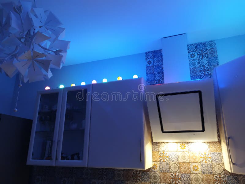 Kitchen Neon Lights by Night Stock Photo - Image of lighting, interior ...