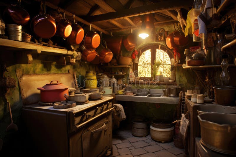 Kitchen Old Fashioned Traditional Wood Stove and Cooking Utensils Stock ...