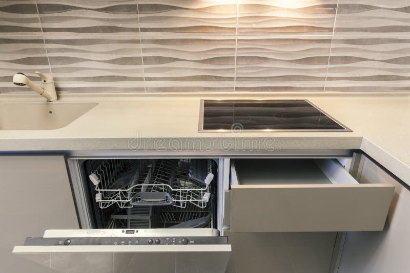 Kitchen with Open Kitchen Elements Stock Image - Image of open, black ...