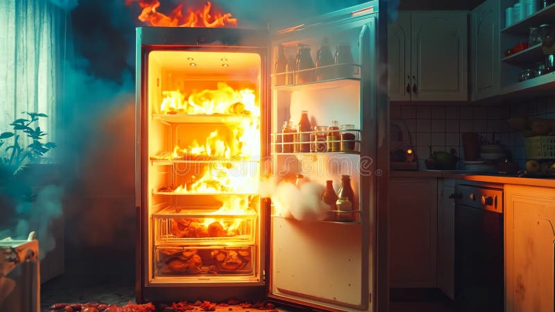 A Kitchen with an Open Refrigerator on Fire in the Middle of the Room ...