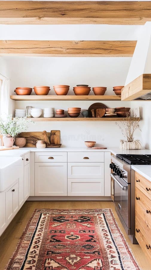 A Kitchen with Open Shelving Terracotta Pots and a Bold Rug. Stock ...