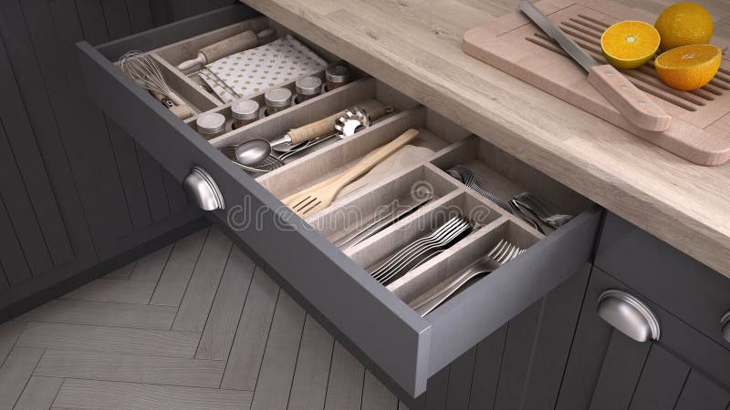 Kitchen Opened Drawer Full of Kitchenware Stock Illustration ...