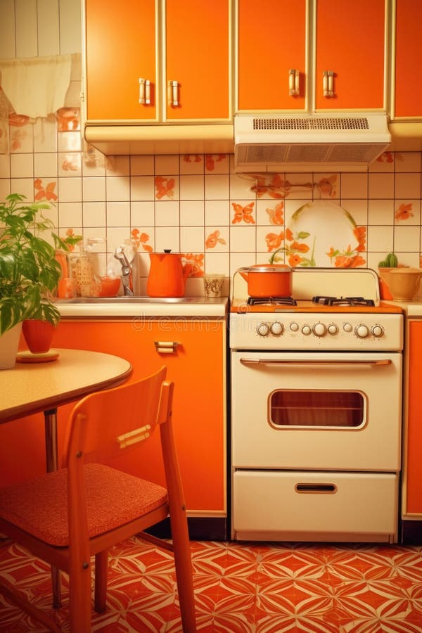 A Kitchen with Orange Cabinets and a White Stove. Suitable for Home ...