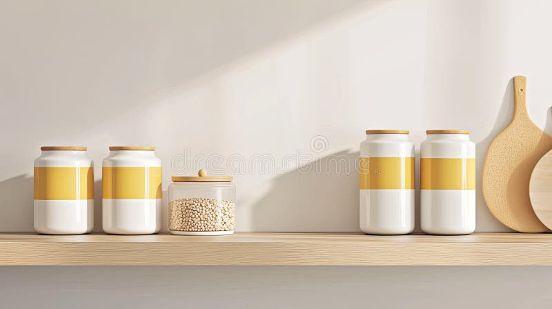 Kitchen Organization with White and Light Yellow Smooth Ceramic Jars ...