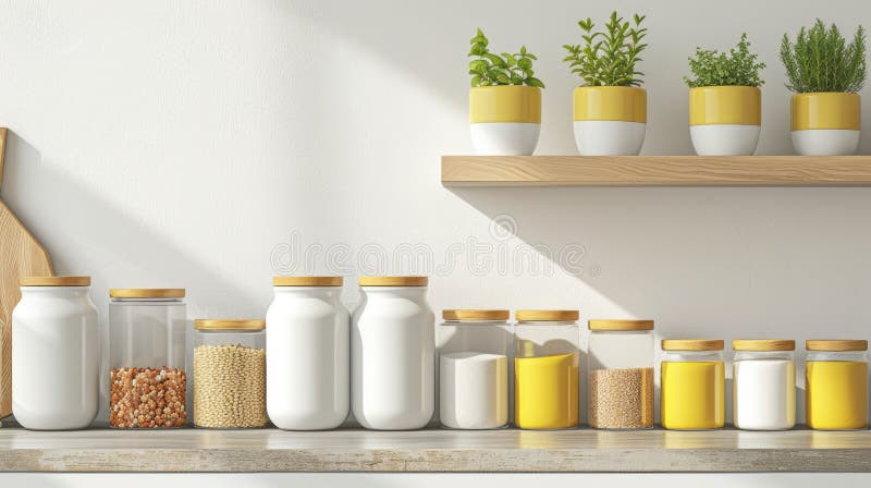 Kitchen Organization with White and Light Yellow Smooth Ceramic Jars ...
