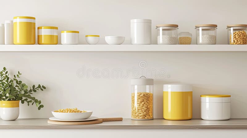 Kitchen Organization with White and Light Yellow Smooth Ceramic Jars ...