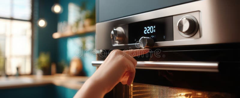 The Kitchen Oven with a Digital Control and a Hand Adjusting the ...