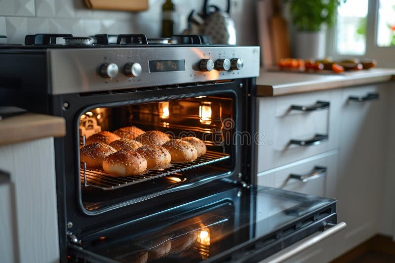 A Kitchen with an Oven that is Open and Has a Tray of Bread Inside ...