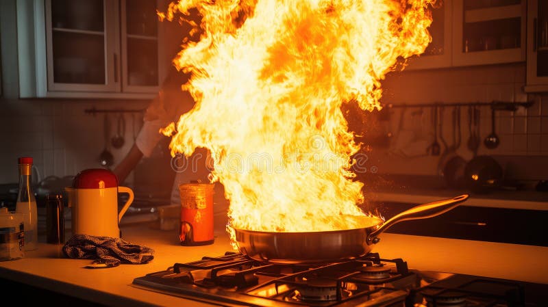 Kitchen pan fire stock illustration. Illustration of moment - 375581566