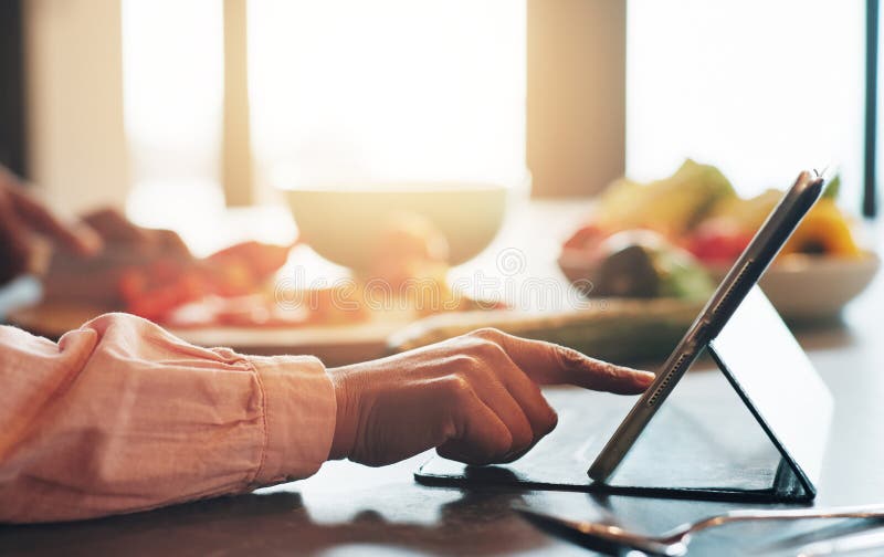 Kitchen, Person or Hands on Tablet for Cooking Recipe Method, Lunch or ...