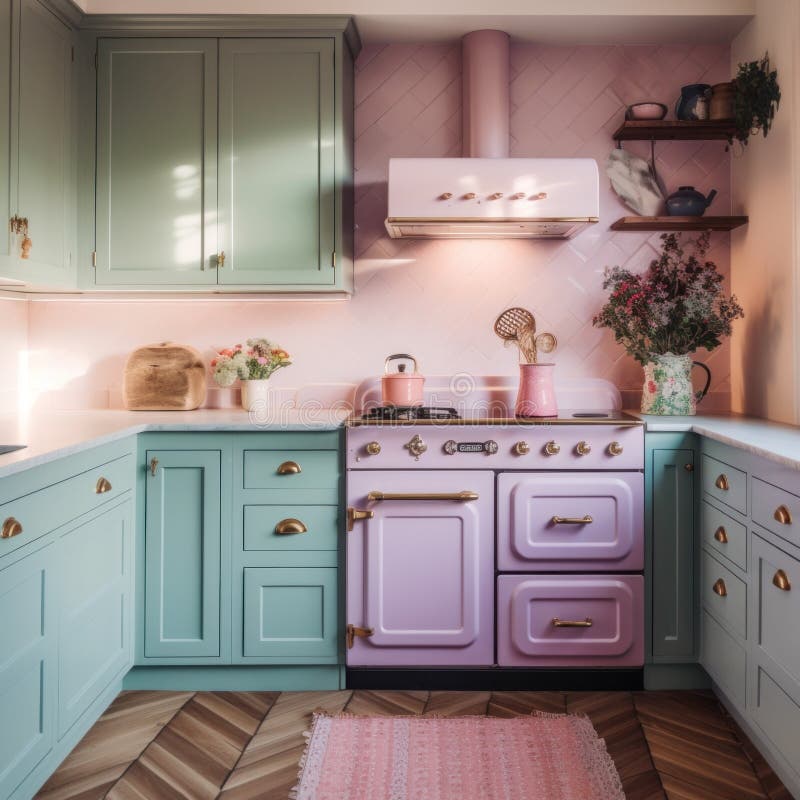 A Kitchen with a Pink Stove Top Oven. Generative AI Image. Stock ...