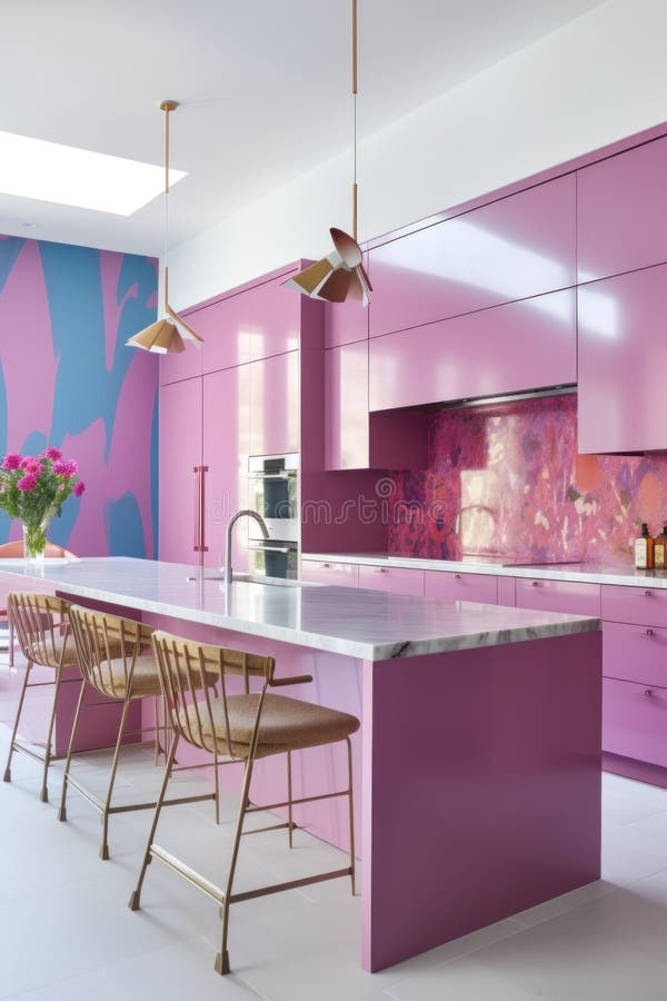 A Kitchen with Pink Cabinets and a Marble Counter Top. AI Generative ...